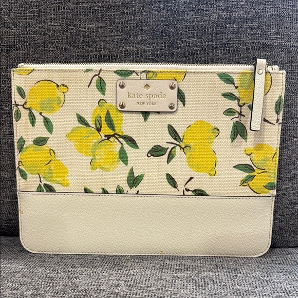 kate spade | Bags | Kate Spade Lemon Print Clutch Yellow And Cream ...